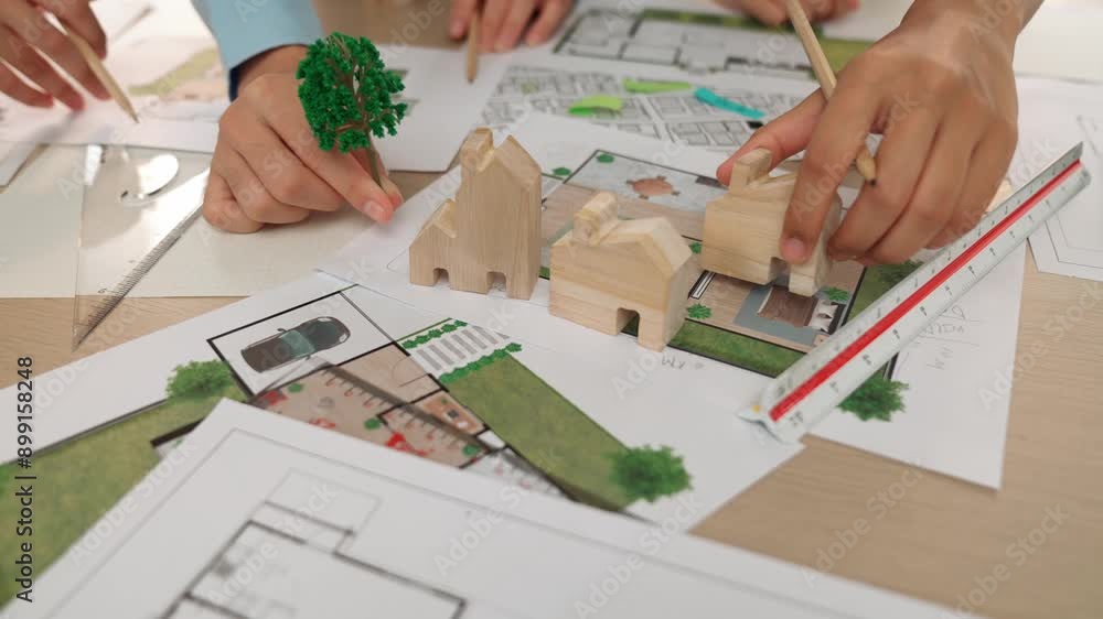 Architects determine position of tree or house using building blueprint ...