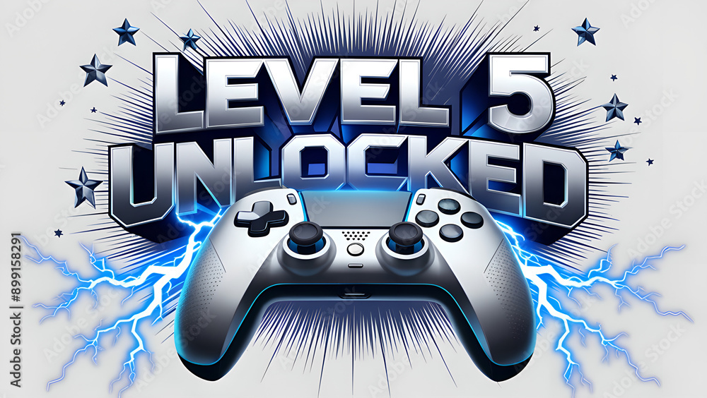 Powerful gaming badge featuring a white game controller, blue lightning ...