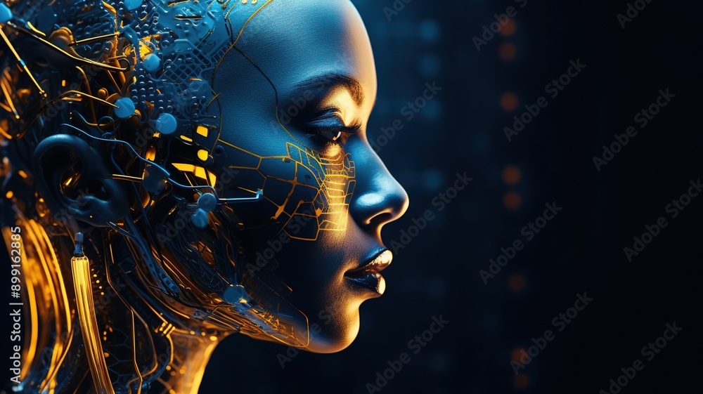 Side view of a humanoid head with blue and yellow eyes and vibrant neon ...