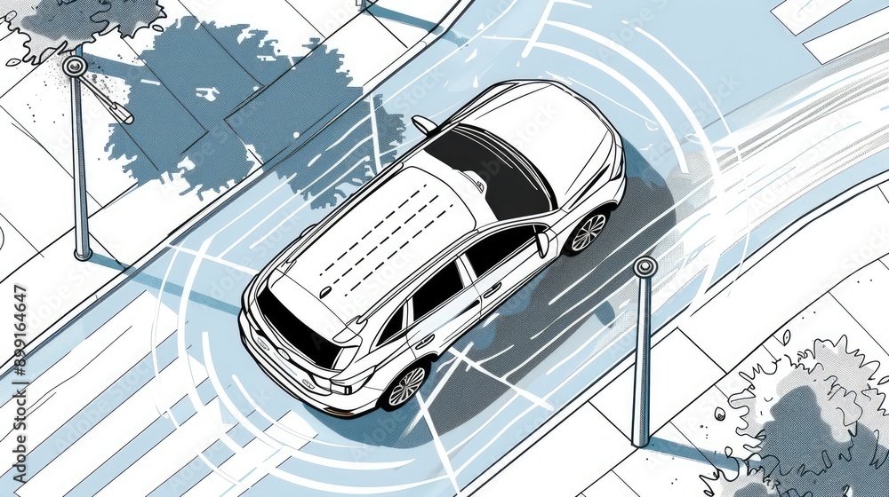 Detailed drawn visualization of a car blind spot detection system ...