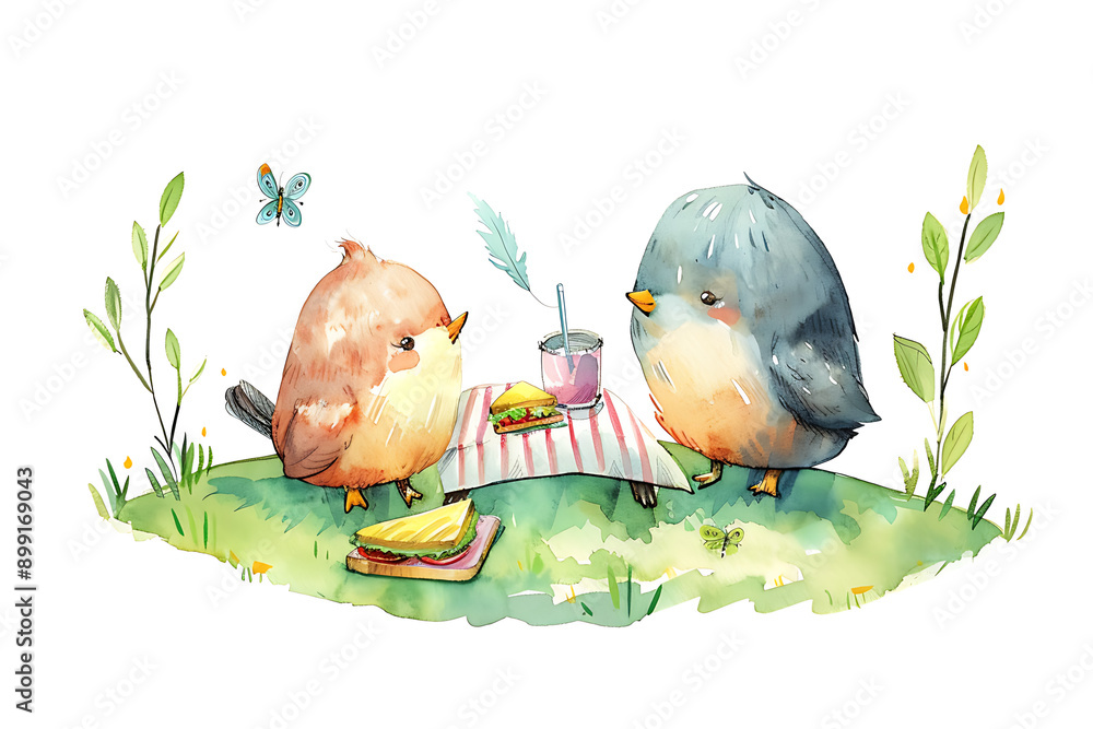 Adorable watercolor illustration of two birds having a picnic with a ...
