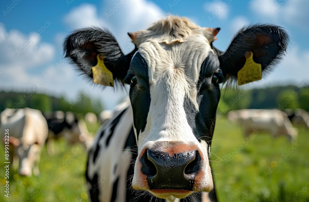 Cows in the pasture, white and black cows with yellow tags on their ...
