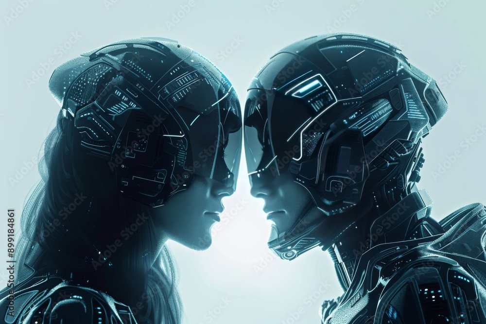 Futuristic robots facing each other representing advanced technology and artificial intelligence ...