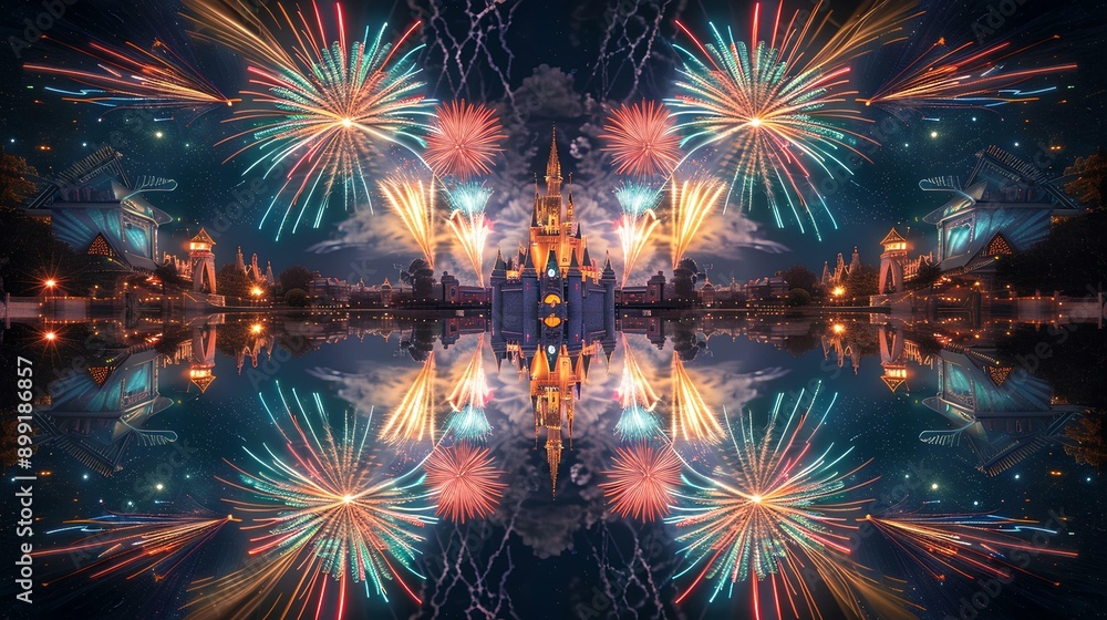Castle in the night sky, fireworks fill up and down, reflecting on the ...