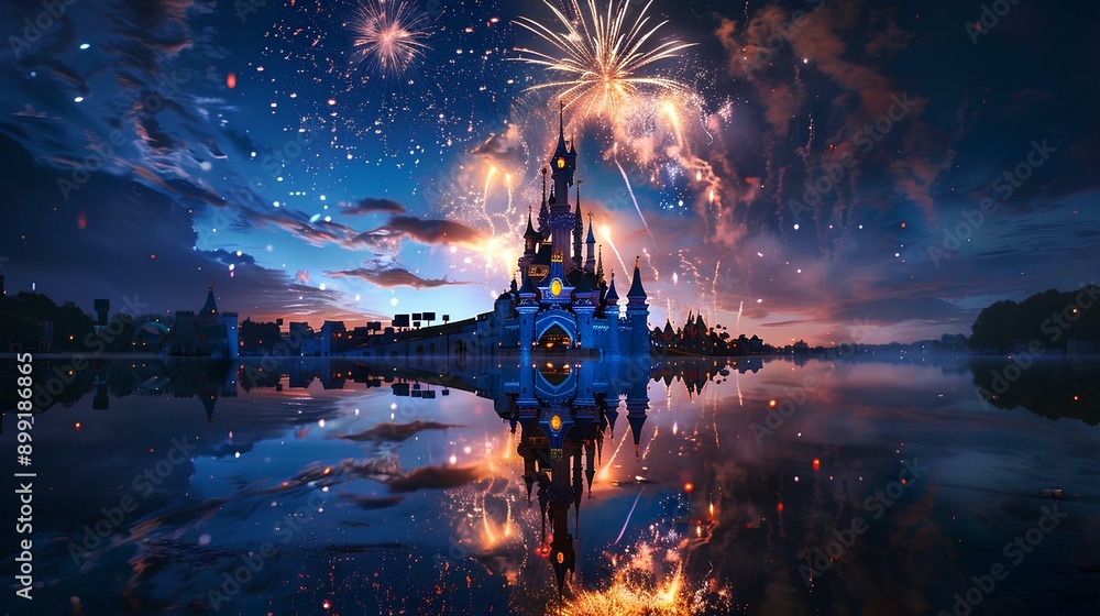 Castle in the night sky, fireworks fill up and down, reflecting on the ...