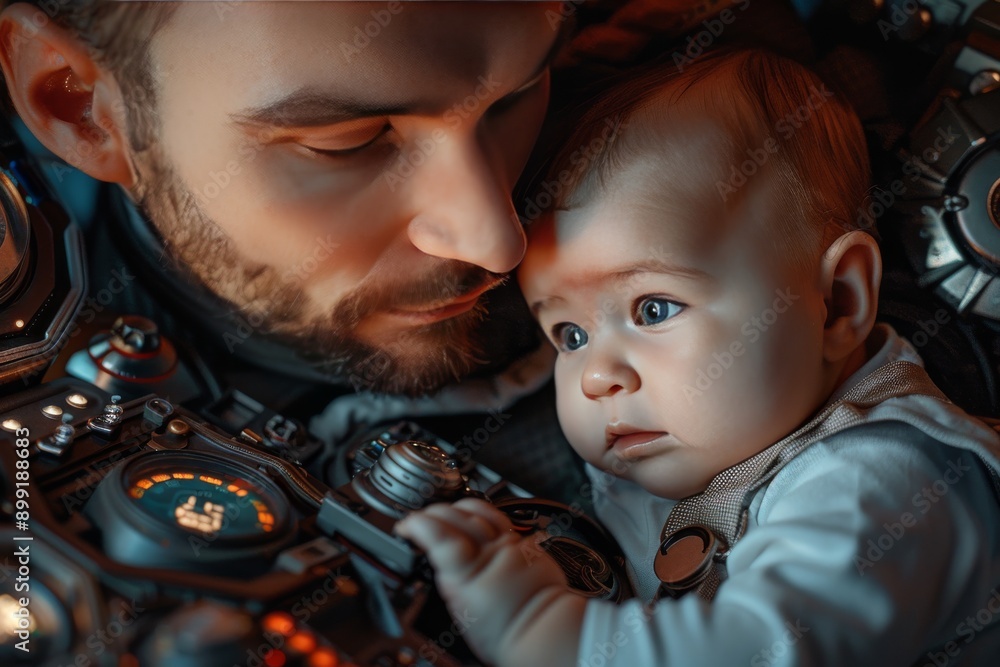 Father and child in futuristic glow cybernetic parenthood data stream ...