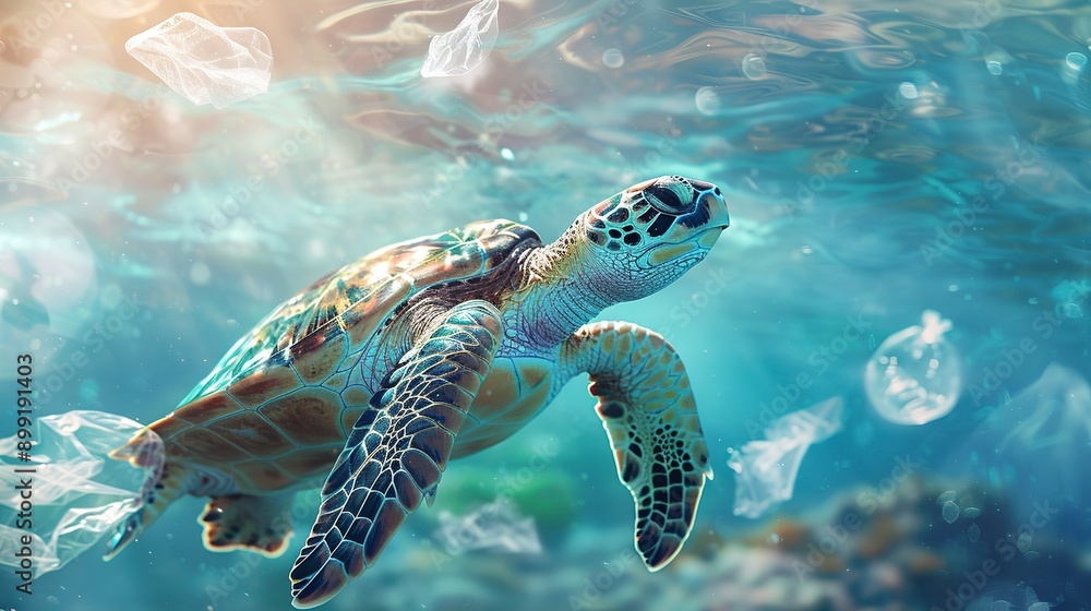 Environmental issue of plastic pollution problem. Sea Turtles can eat ...
