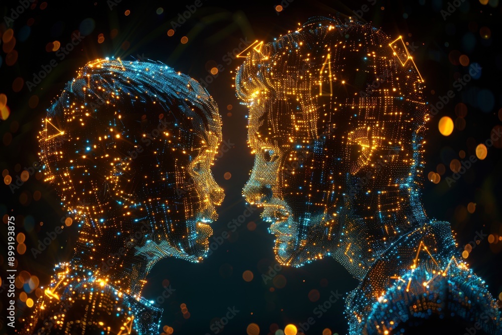 Futuristic lovers in neon glow cybernetic romance digital connection ...