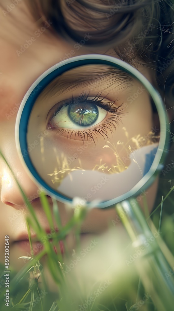 a photograph of a child observing something with a magnifying glass ...