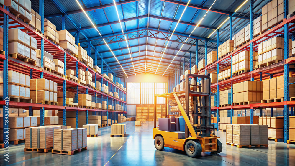 Warehouse interior with stacked shipping containers, shelves filled ...