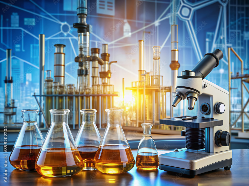 Microscopic views of crude oil samples on lab countertops, surrounded ...