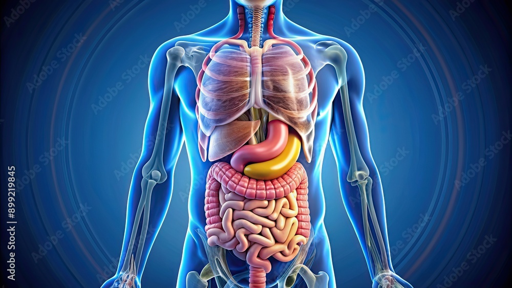 Cross section of human digestive system showing stomach, small ...