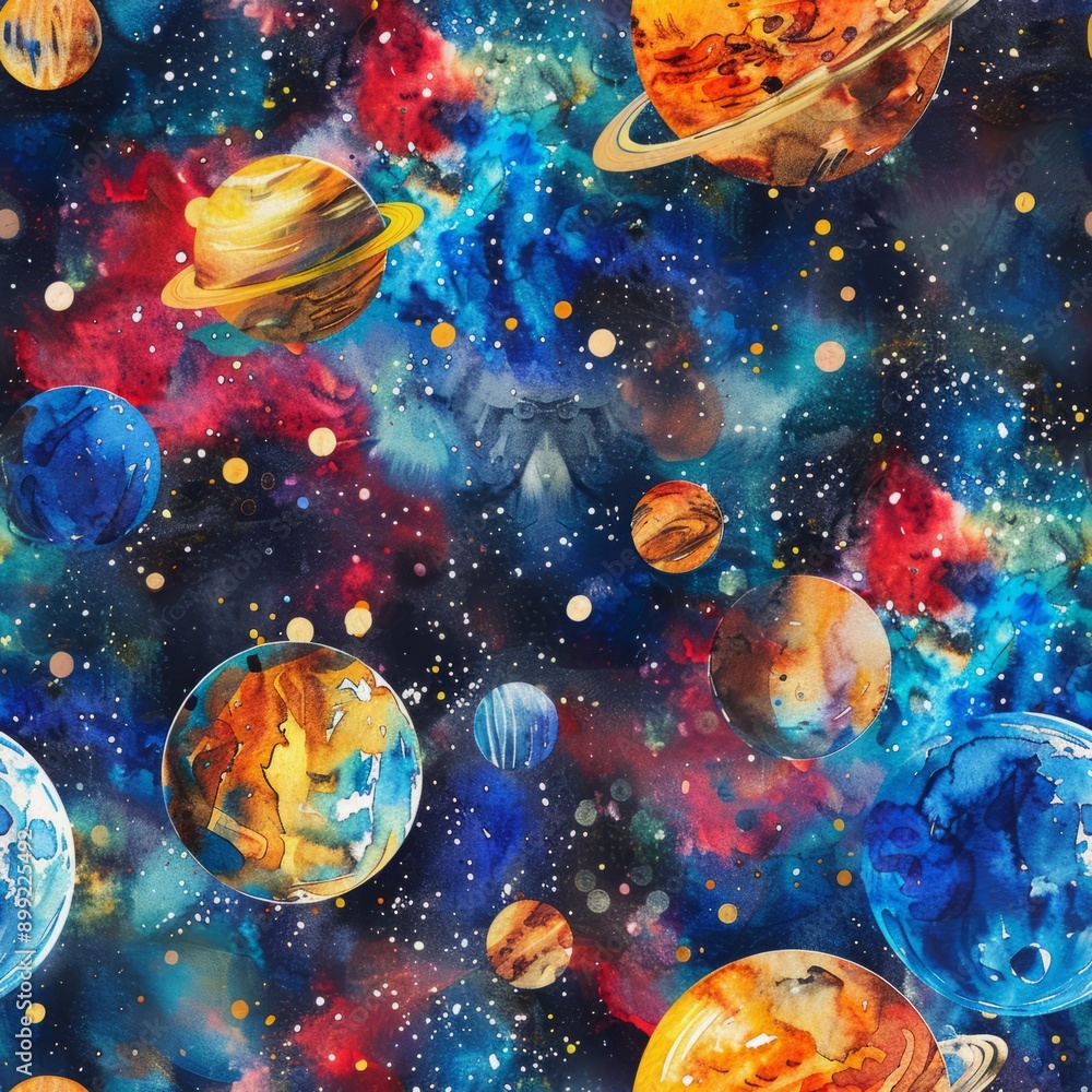 Watercolor planets with different textures in a seamless pattern ...