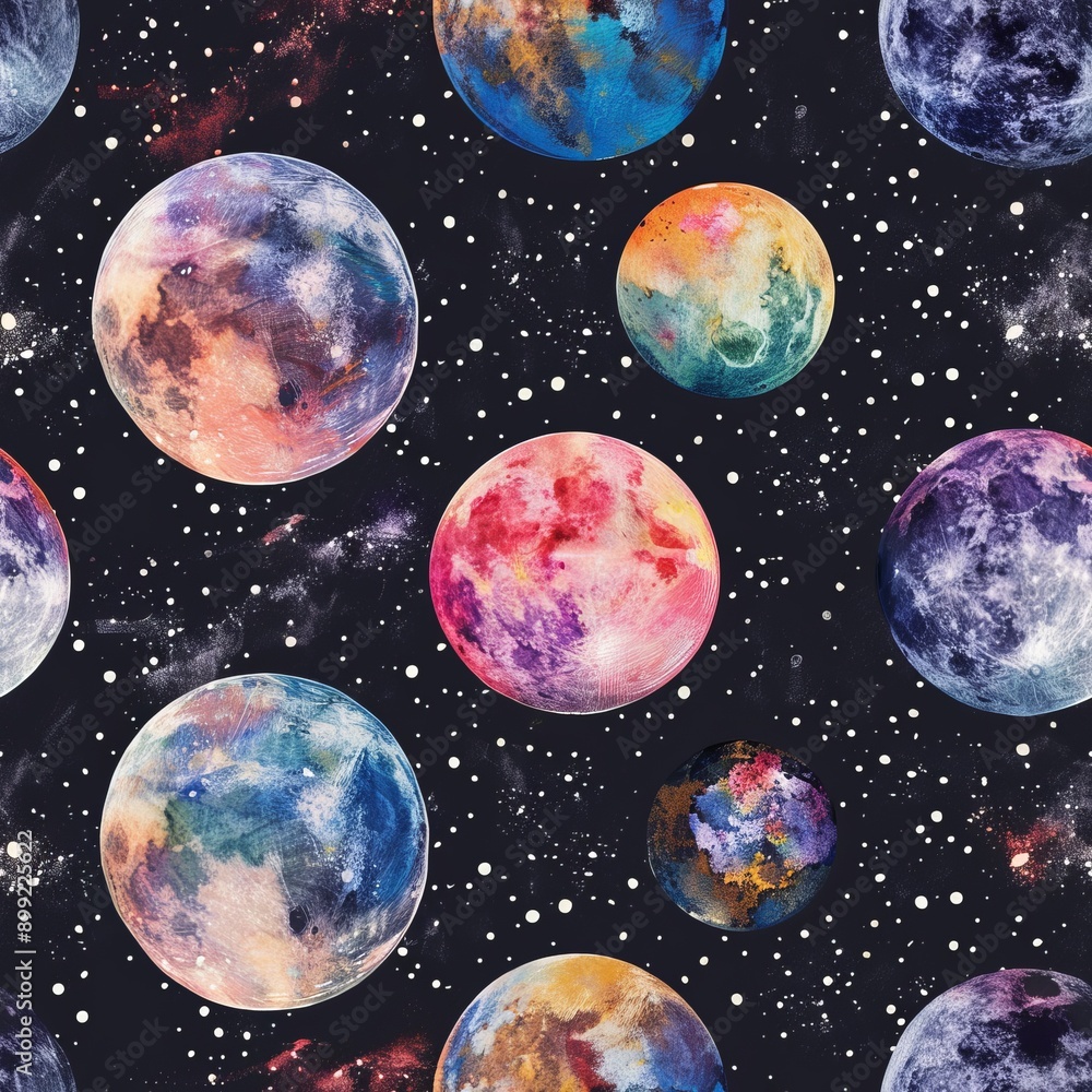 Watercolor planets with different textures in a seamless pattern ...
