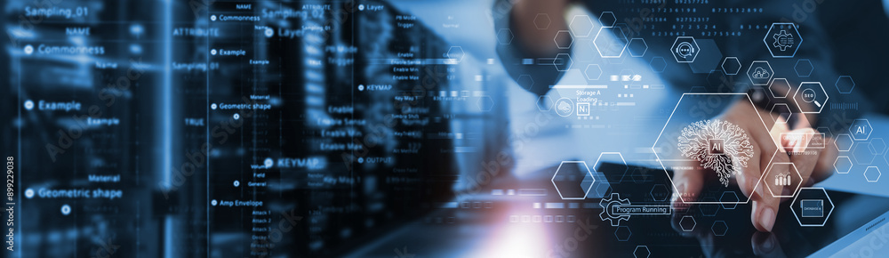 IT Specialist, software engineer working with AI and data analysis, data center as background ...