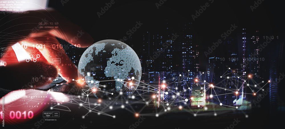 Internet technology, global network connection. Person using computer ...