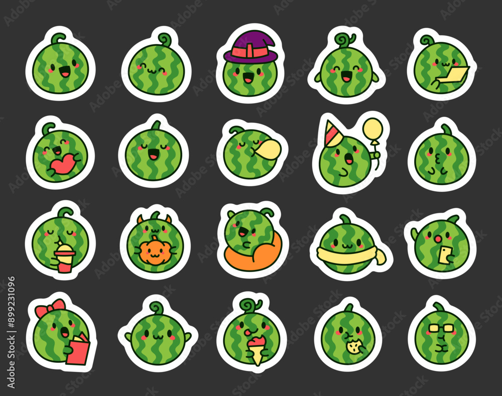 Cute kawaii watermelon with funny face. Sticker Bookmark. Adorable ...