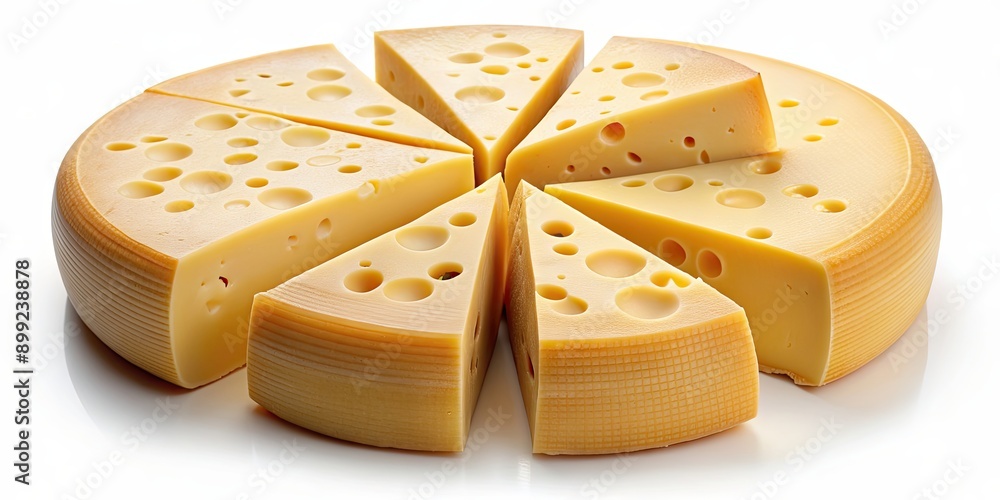 Round swiss cheese wheel, sliced into wedges, cheese, swiss, dairy ...