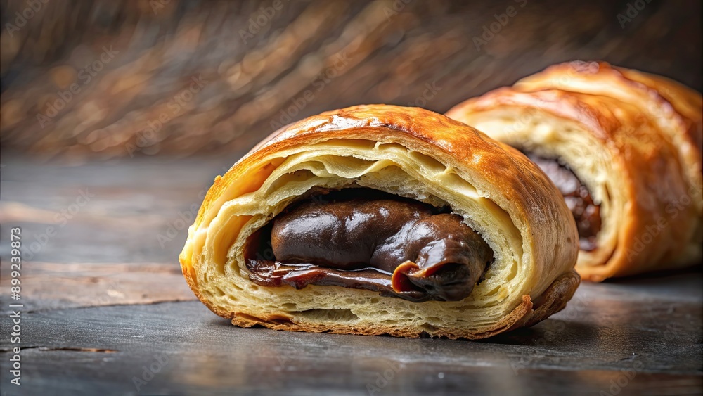Flaky pain au chocolat with melted chocolate filling , French pastry ...