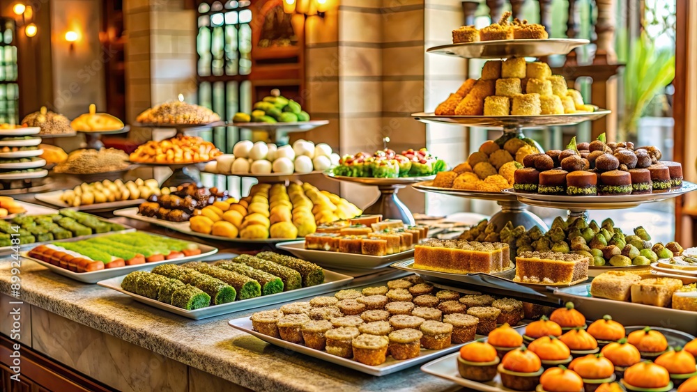 Traditional Egyptian desserts display on a buffet in a hotel, Egyptian ...
