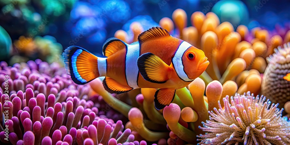Vibrant clown fish swimming in colorful coral reef , marine life ...
