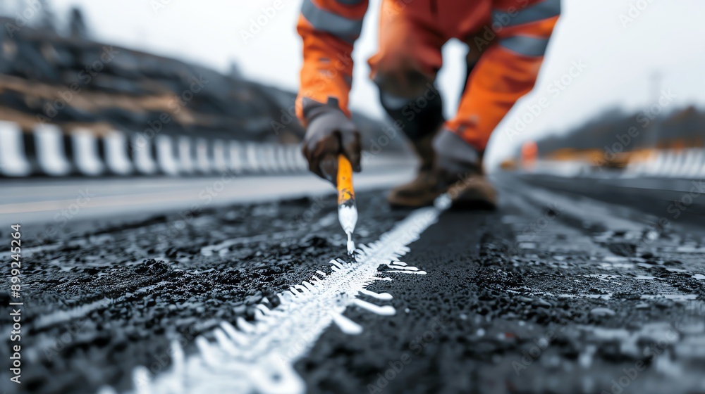 Worker marking new asphalt with white paint, precise and detailed ...