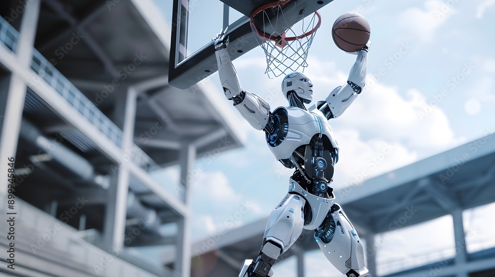 Robot Basketball Player Dunking: A sleek robot leaping into the air to ...