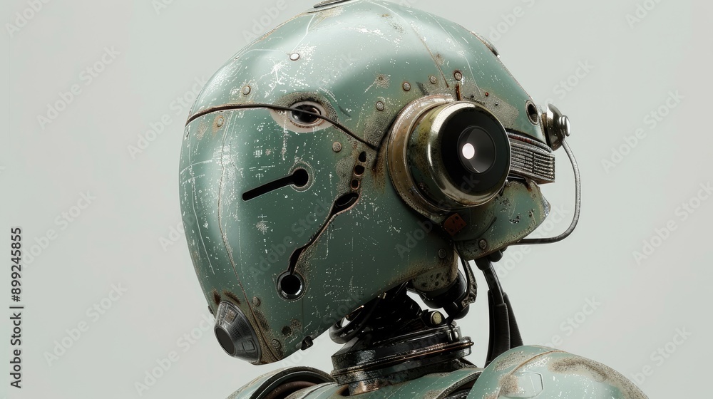 Military-colored anime robot with a mono lens, 3D render, showcasing ...