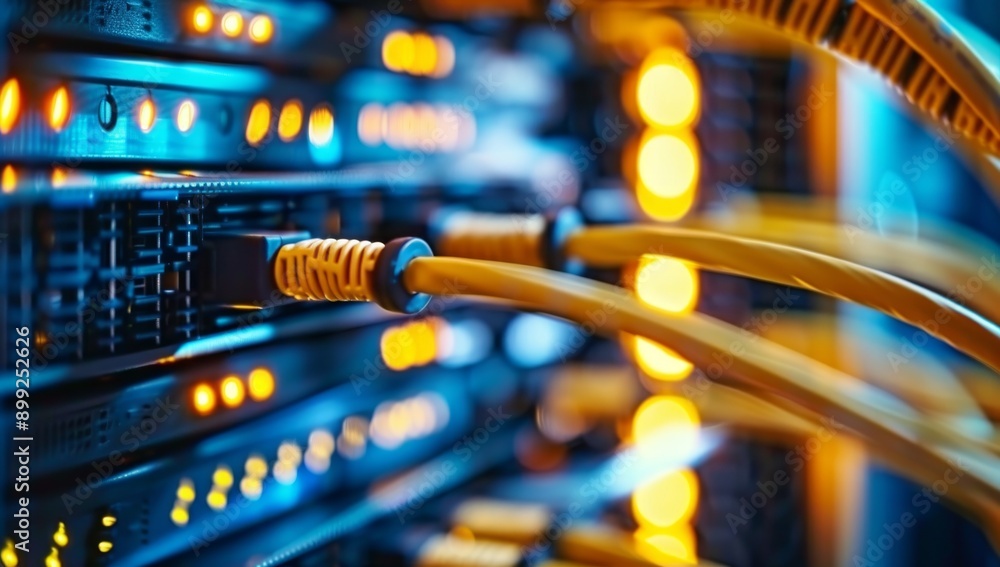 Yellow network cables connected to server boxes in an office ...