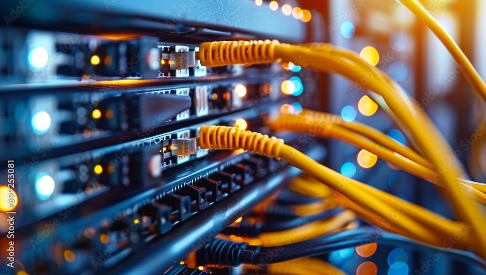 Yellow network cables connected to server boxes in an office ...