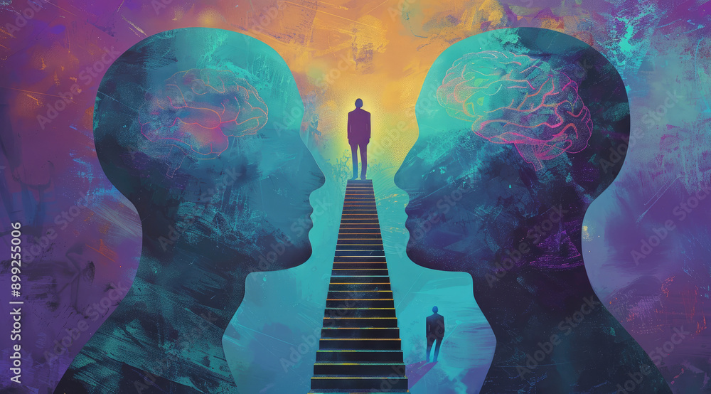 A double exposure illustration of two heads, one with an open brain and ...