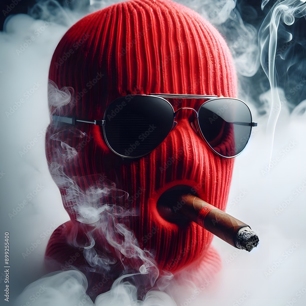 Profile view of red ski mask, exhaling cigar smoke, ethereal white haze ...