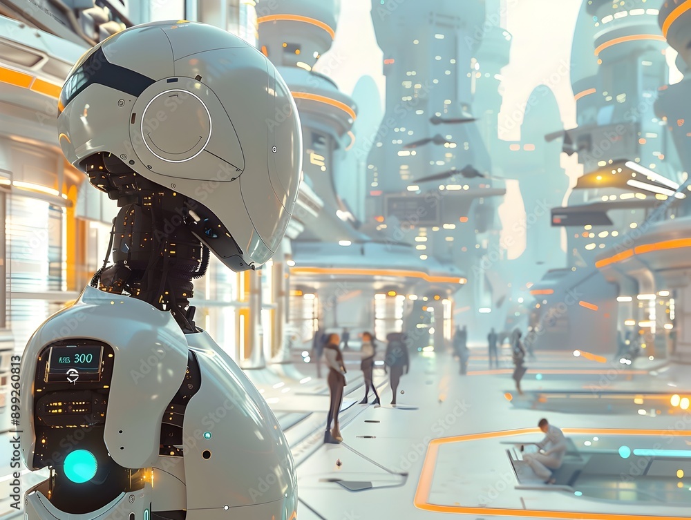 An depicting a futuristic cityscape dominated by advanced intelligence ...
