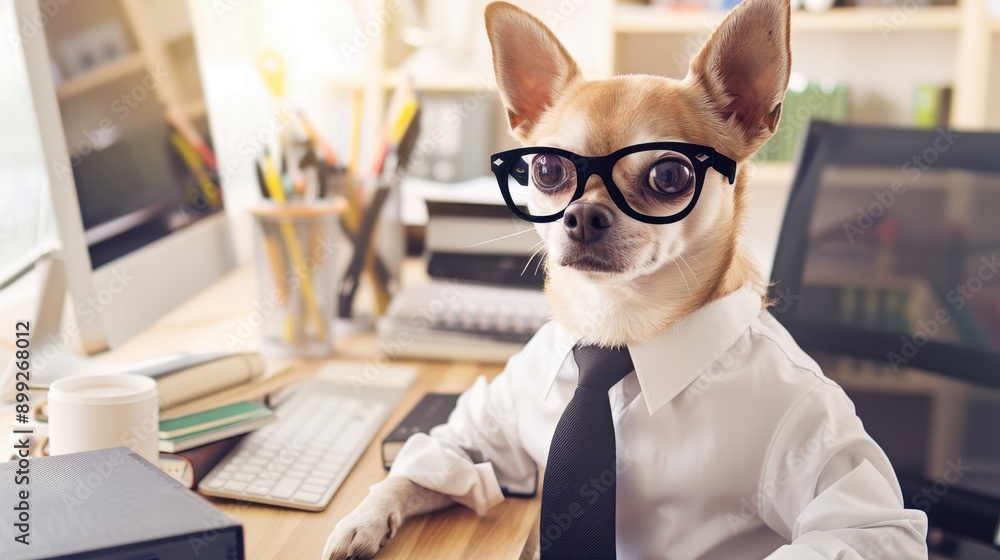 Cute chihuahua dog dressed in a white shirt and black tie, wearing ...
