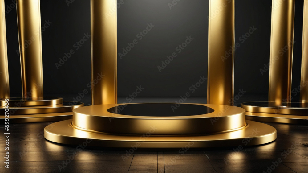 The circular podium stands elegantly at the center of the stage, its ...