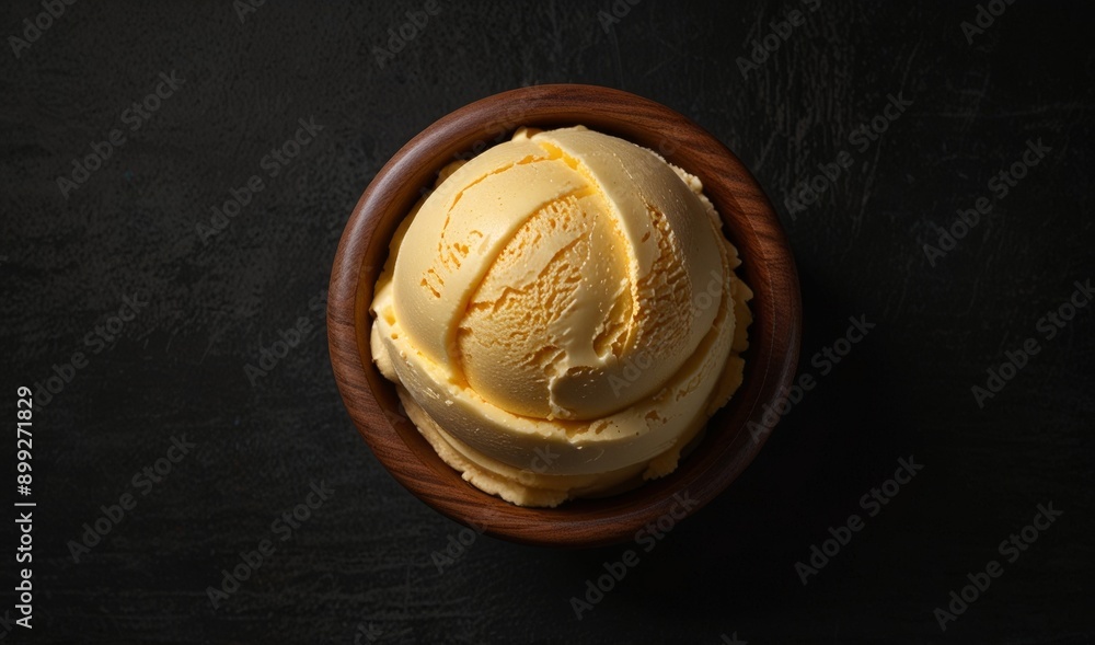 One rounded scoop mango ice cream with wooden bowl, top view on plan ...