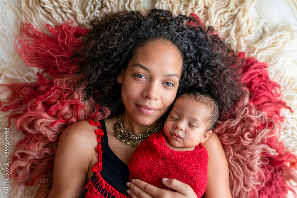 African American mother embracing newborn baby, lying on colorful yarn ...