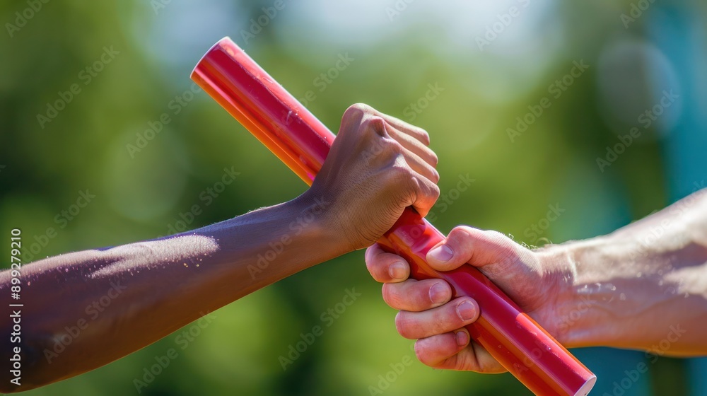 Relay Race Baton Pass: Depict the precise moment of a baton pass in a ...