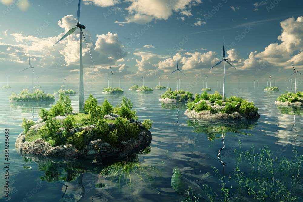 Floating renewable energy platforms with marine life below, symbolizing ...
