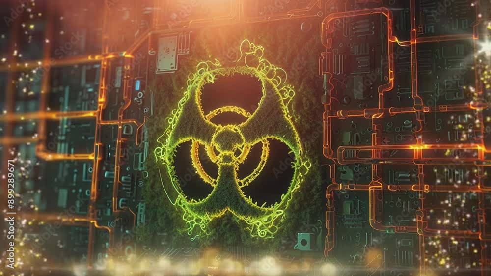 Glowing biohazard symbol with intricate circuitry surrounding it. The ...