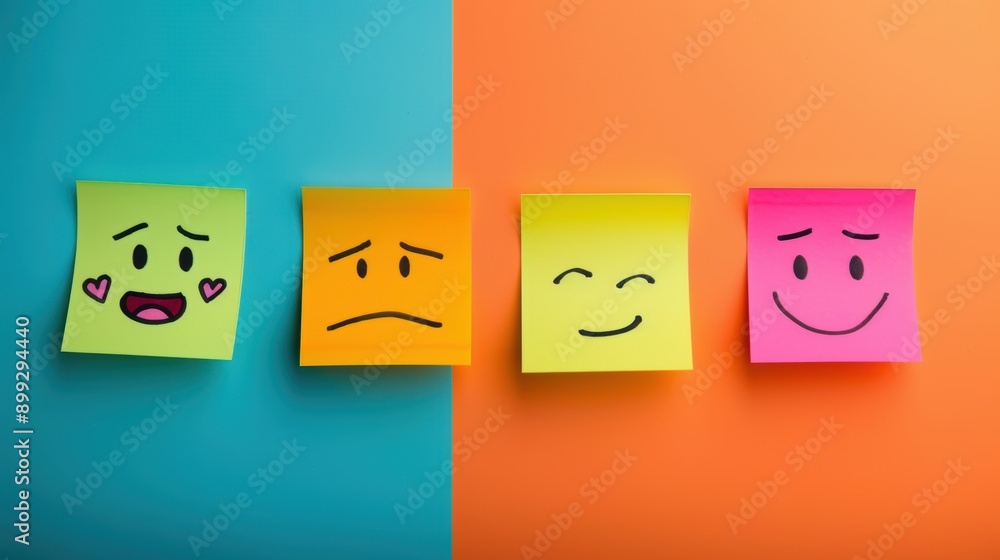 Colorful Emotion Post-Its on Split Background Four colorful Post-It ...