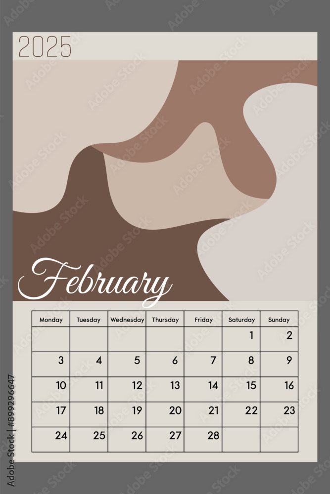 Monthly planner template for February 2025. Calendar grid for notes ...