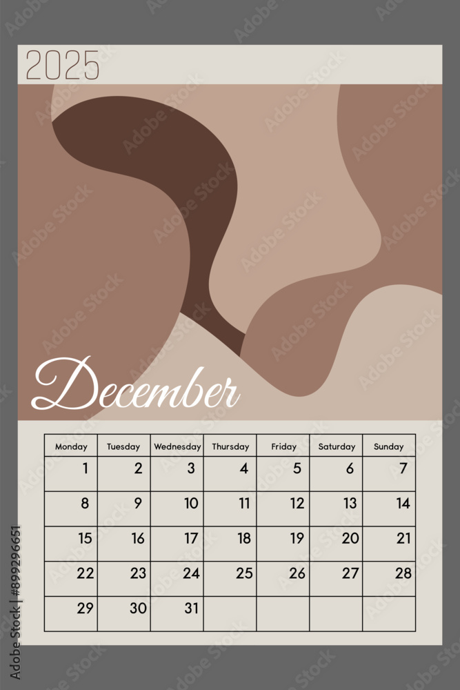 Monthly planner template for December 2025. Calendar grid for notes ...