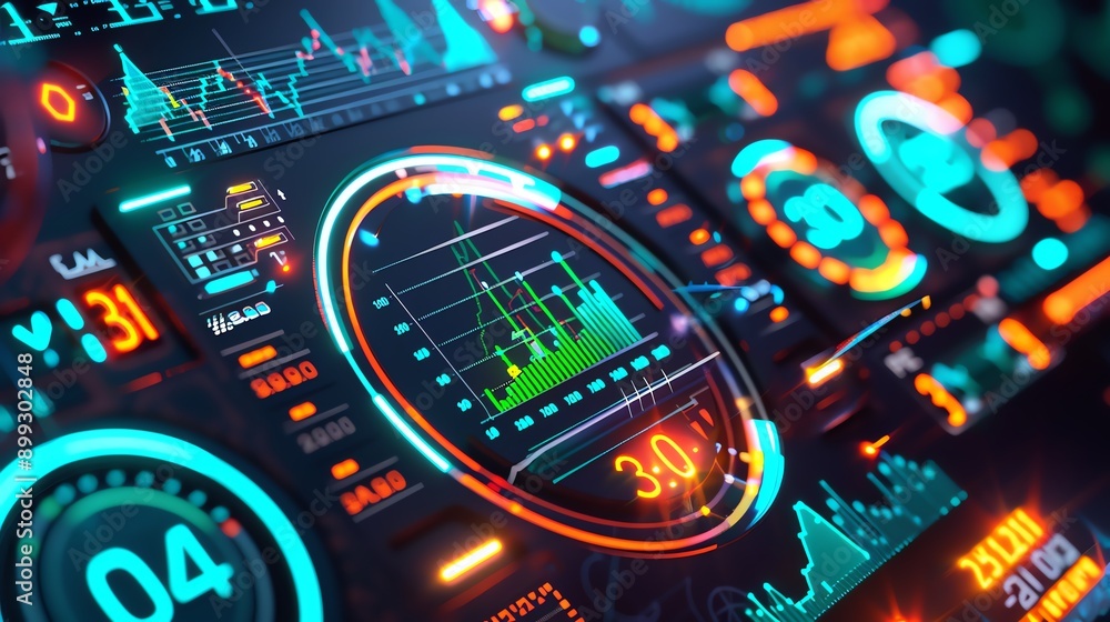 Futuristic digital dashboard with colorful analytics, charts, and data ...