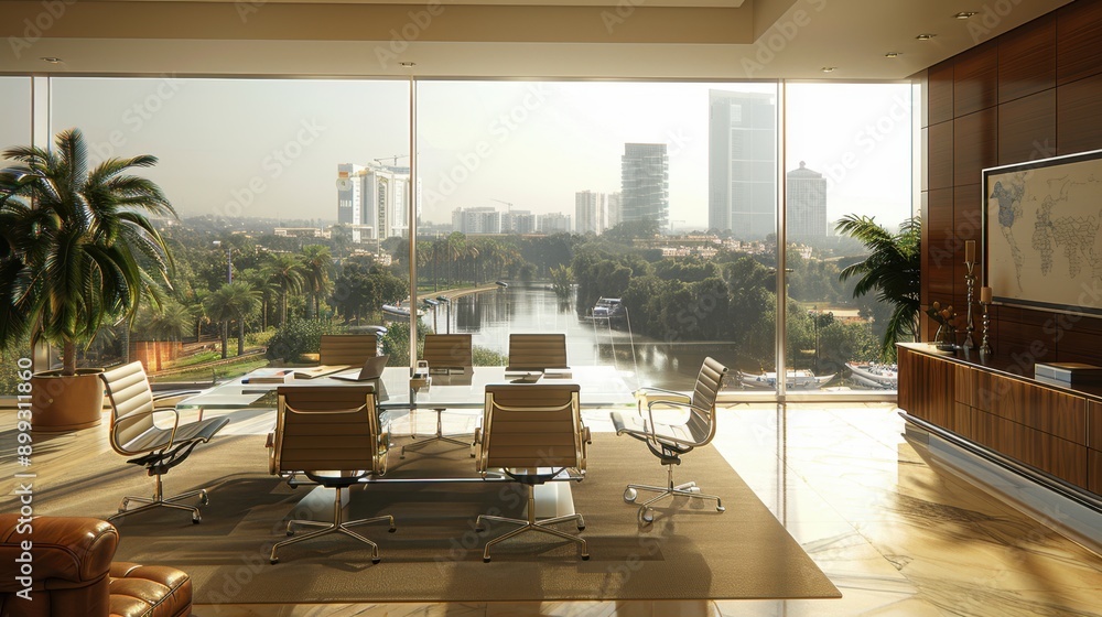 Modern office conference room with cityscape view through large glass ...