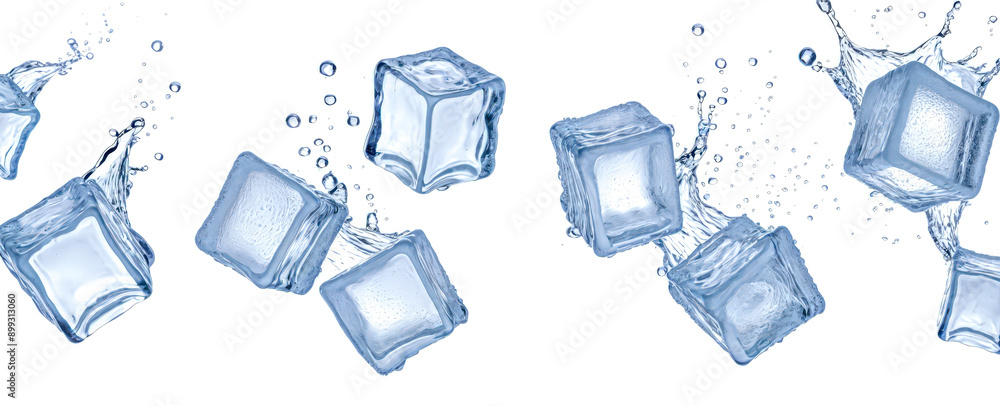 ice cubes mid-air, surrounded by lively water droplets, pure white ...