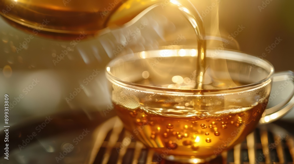 Tea Explosion with delicate tea droplets and sunlight filtering through ...