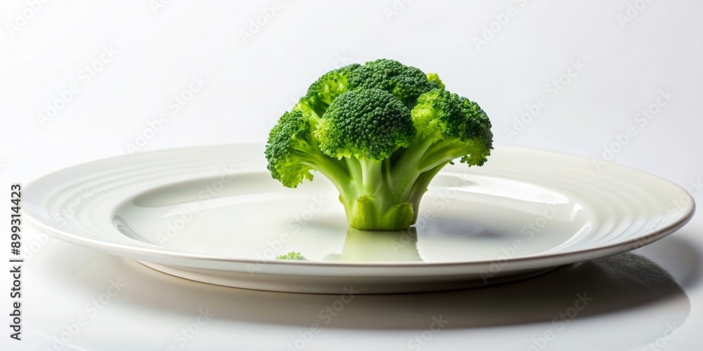 Fresh green broccoli florets sit alone on a plain white plate ...