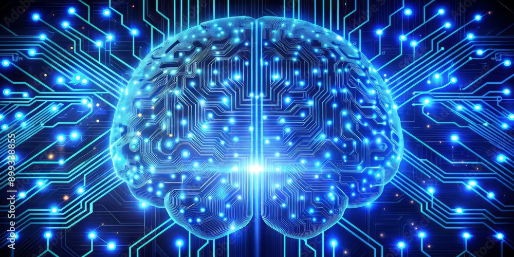 "Vibrant digital neurons and glowing blue circuits converge in a futuristic brain map ...