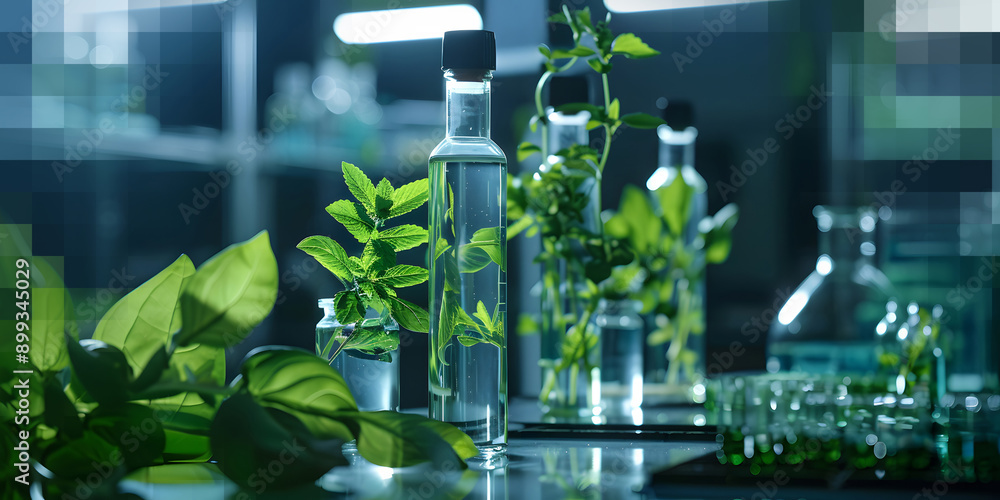 Transparent vessel filled with liquid, condensation droplets green ...